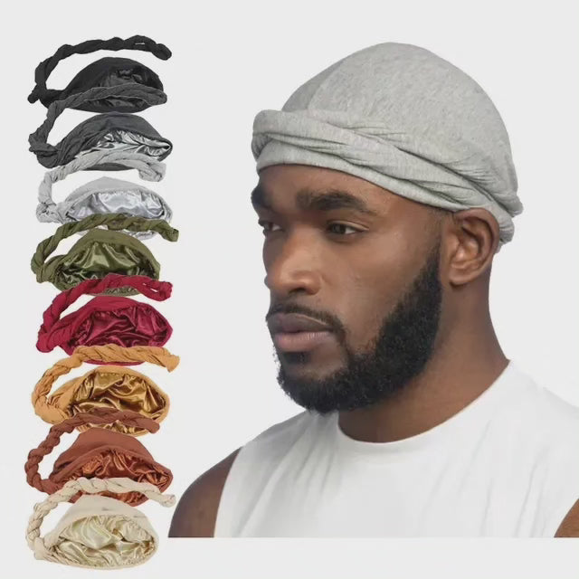 Thee Queen Collective Two 2 Pcs Stretch Mens Vintage Twist Head Wrap Satin Lined Adjustable Turban Scarf Tie for Dome Wave Cap for Hair L XL Navy